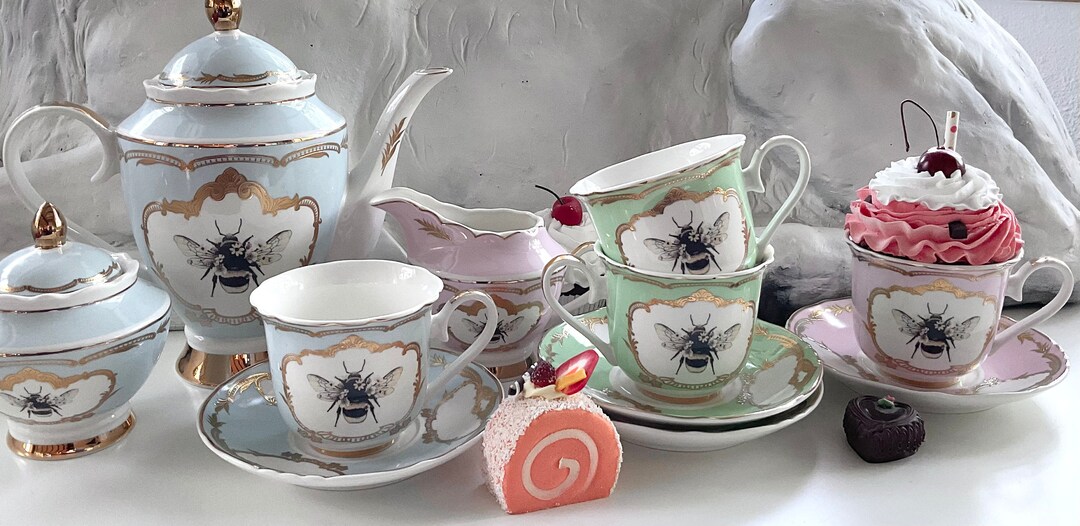 Porcelain Bee and Flowers Tea Set, Porcelain. Food Safe. Pink, Blue or ...