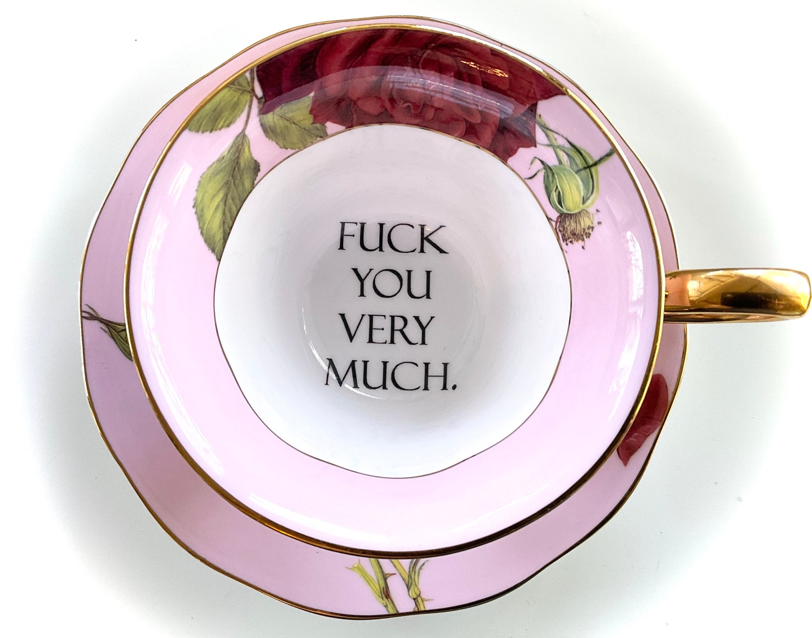 Pink Rose Floral Rude Teacup and Saucer Set With Gold Spoon 8 | Etsy