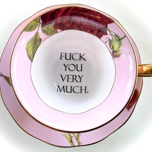 Pink Rose Floral Rude Teacup and Saucer Set With Gold Spoon, 8 Ounces ...