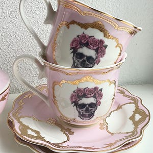7- or 11-piece Rose Skull Tea Set, Vegan Bone China. Available in Pink ...