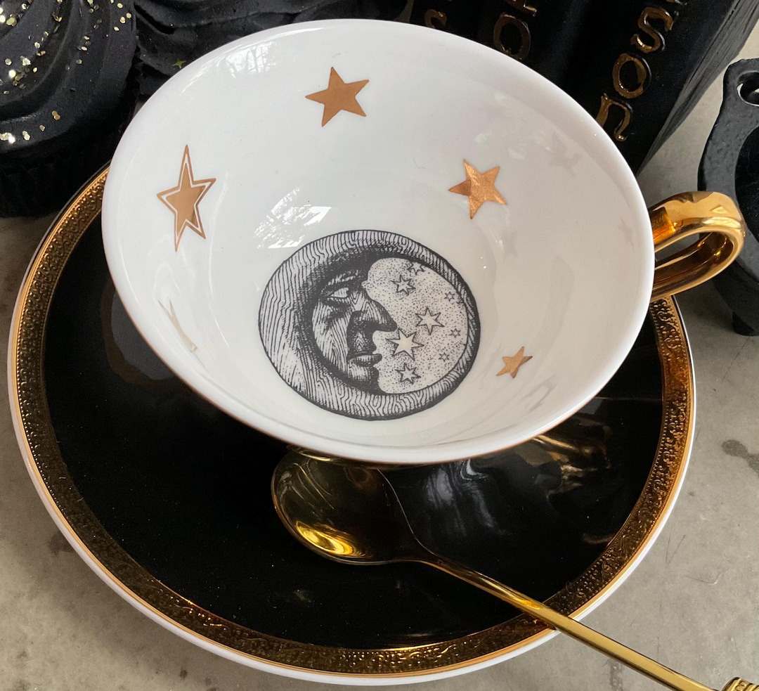 Black and Gold Porcelain Moon and Stars Teacup and Saucer Set (8 Oz ...