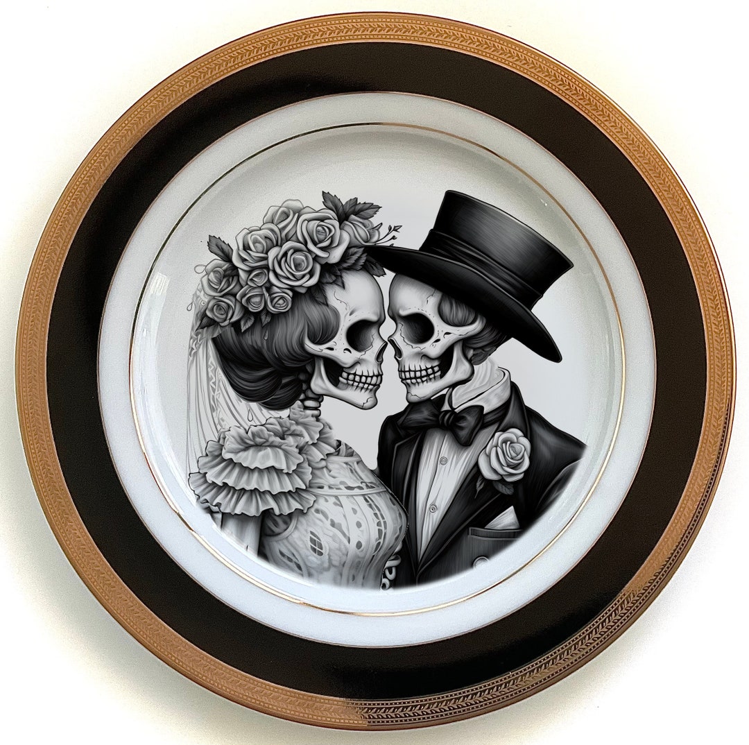 Black/gold Skeleton Wedding Couple Plate or Cup & Saucer Set. Made of ...