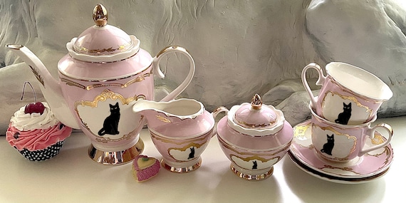 Green Blue or Pink Porcelain Cat Tea Set 7 or 11 Pieces | Etsy