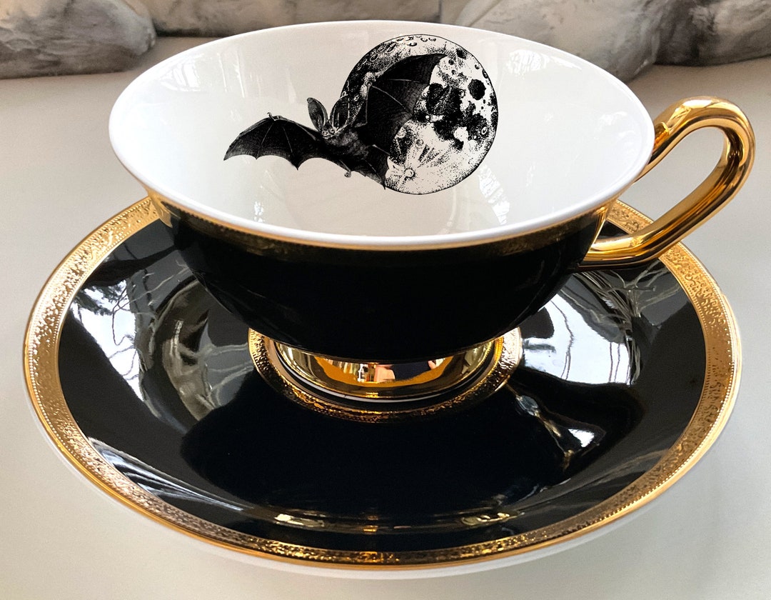 Beautiful Bat and Moon Teacup and Saucer Set, 8 Ounces, Food Safe and ...