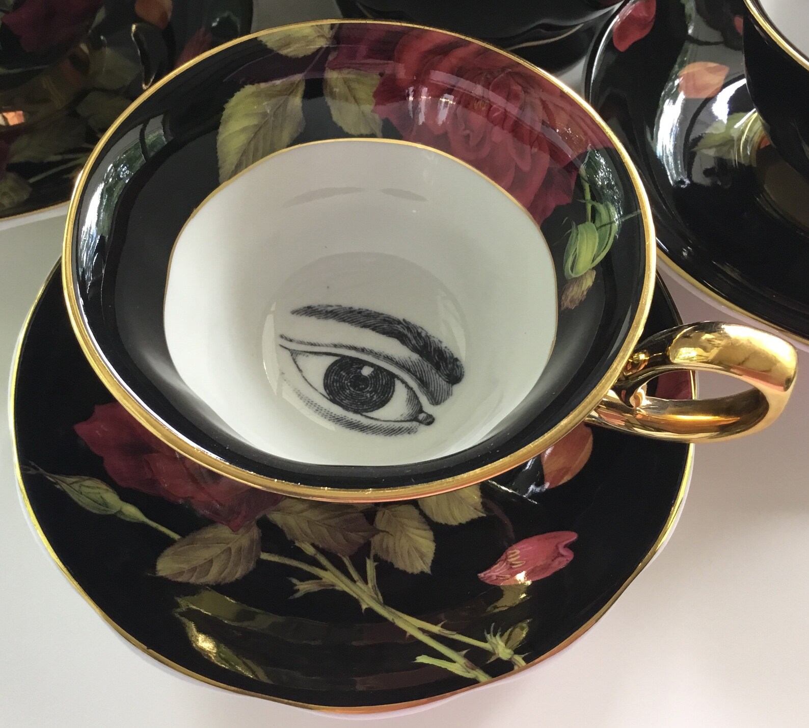 Gorgeous Black and Gold Tea Set With Black Rose Design, Bat, Cat, Crow ...
