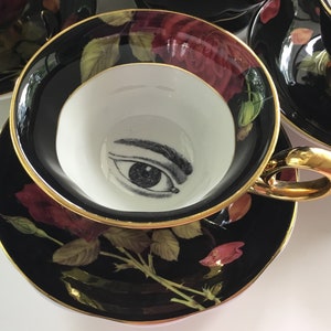 Gorgeous Black and Gold Tea Set With Black Rose Design, Bat, Cat, Crow ...
