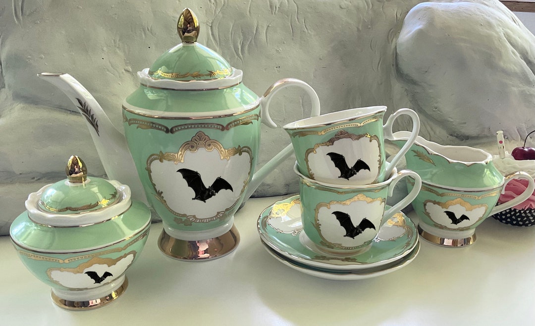 Gorgeous Gold and Green, Blue or Pink Porcelain Bat Tea Set, 7 or 11 ...
