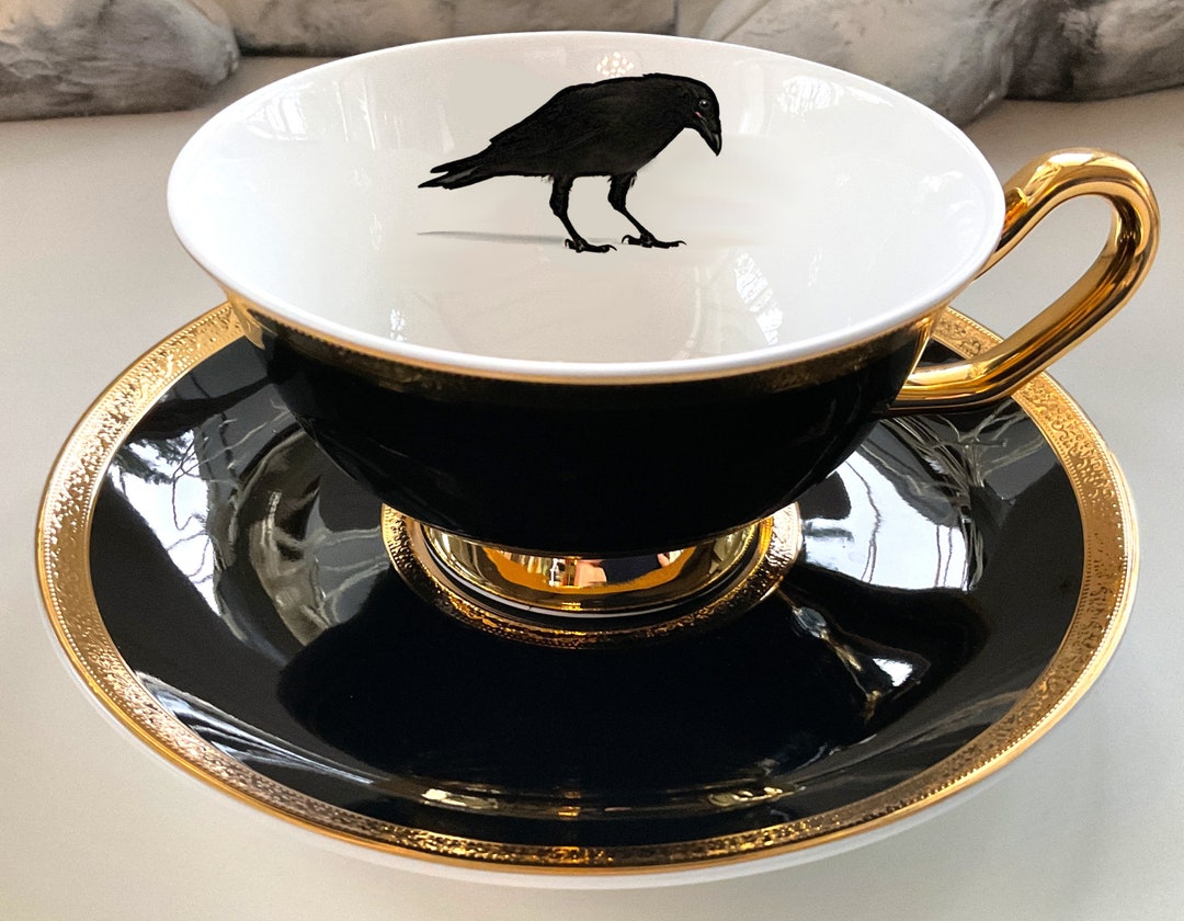 Black and Gold Porcelain Raven/crow, Bat, Cat, or Moth Teacup and ...