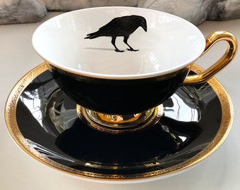 Beautiful Black Crow Teacup and Saucer Set, 8 Ounces, Food Safe and ...