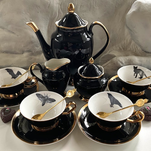 Gorgeous Black and Gold Tea Set With Black Rose Design Bat - Etsy