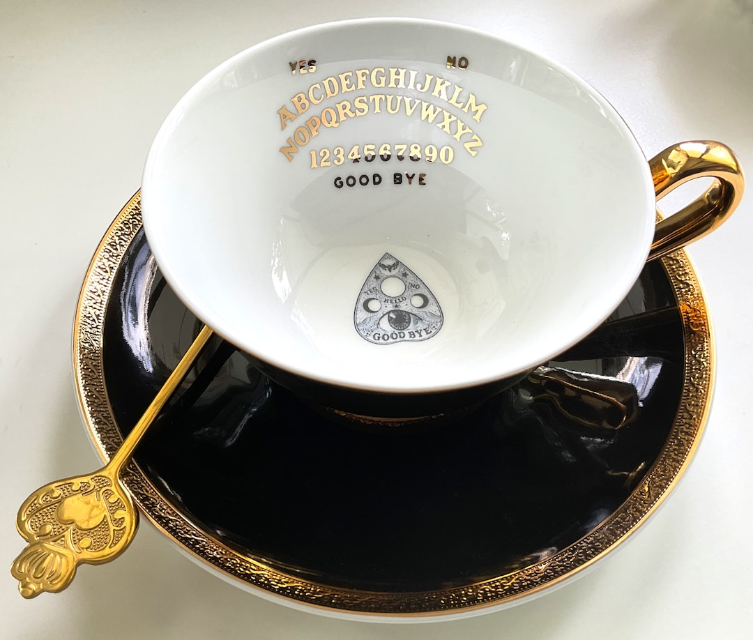 SPOON INCLUDED. Beautiful Black and 22k Gold Ouija Teacup and Saucer ...