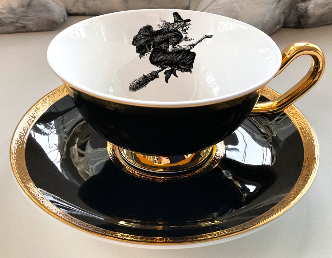 Black "night Flight" Witch Tea Cup and Saucer Set, 8 Ounces, Food Safe ...