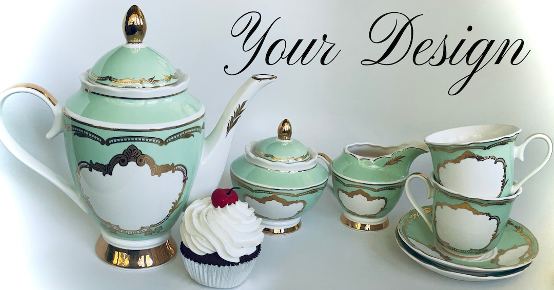 YOUR DESIGN - Beautiful Green, Pink or Blue Custom Tea Set, 7 or 11 ...