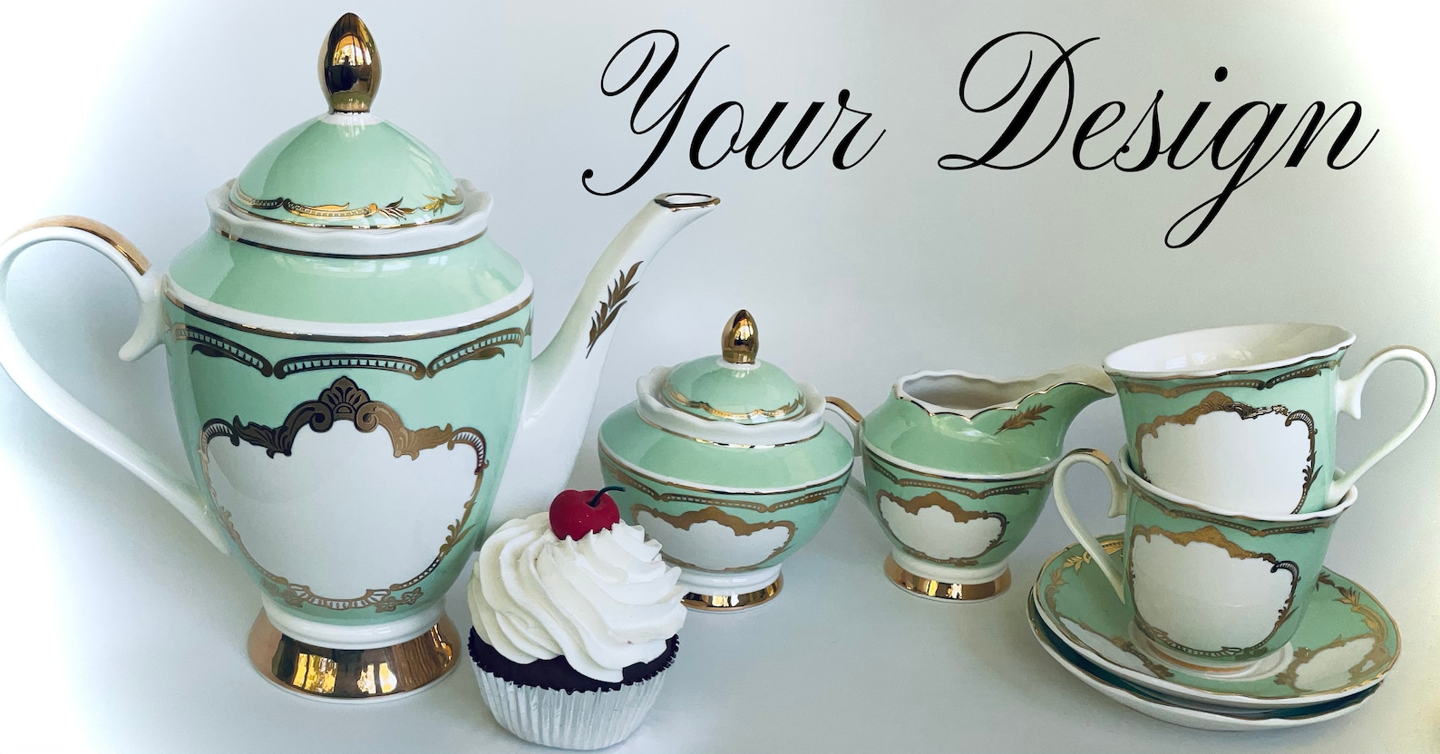 YOUR DESIGN - Beautiful Green, Pink or Blue Custom Tea Set, 7 or 11 ...