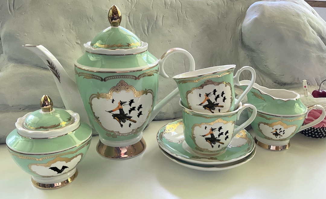Green, Pink or Blue Porcelain Witch Tea Set, 7 or 11 Pieces. Food Safe ...