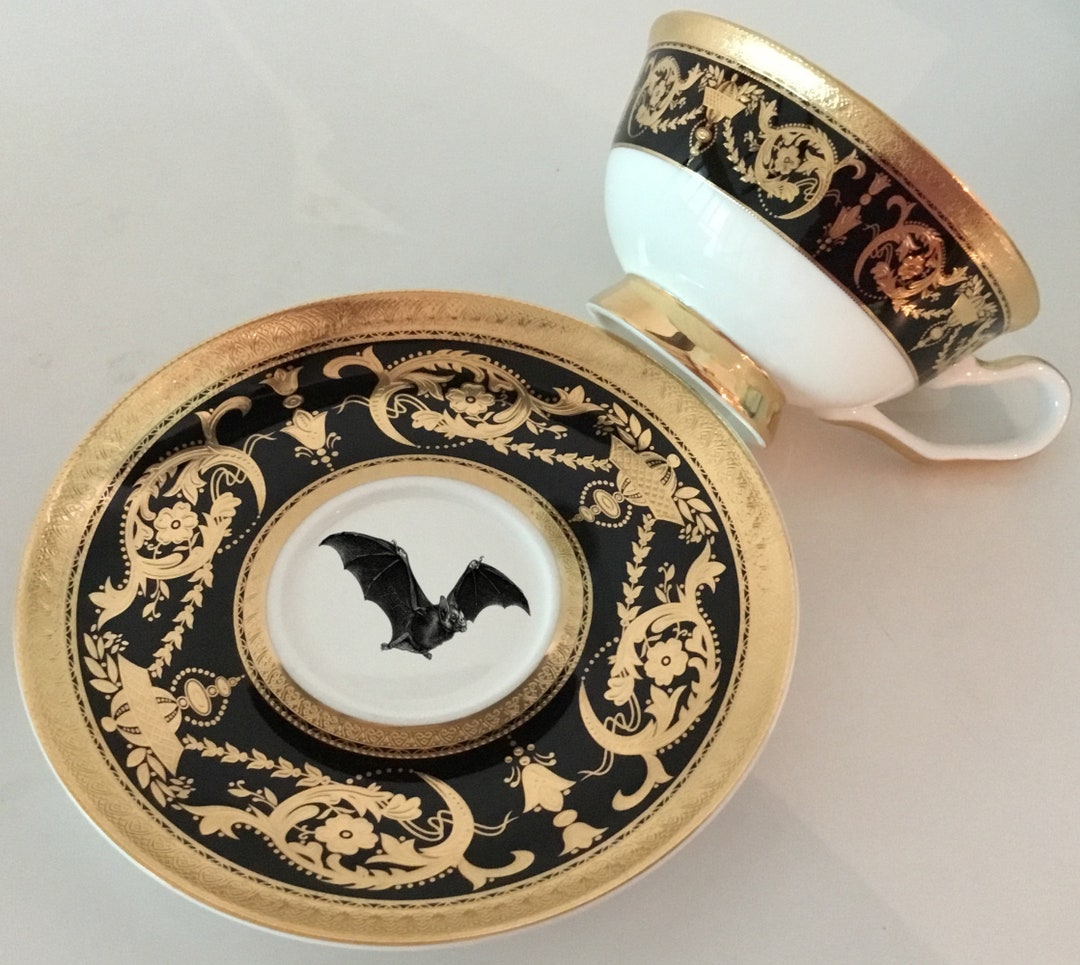 Black and Gold Bat Teacup and Saucer Set 7 Ounces. Food Safe and ...