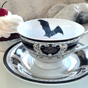 Beautiful Black Bat Teacup and Saucer Set, 8 Ounces, Food Safe and ...