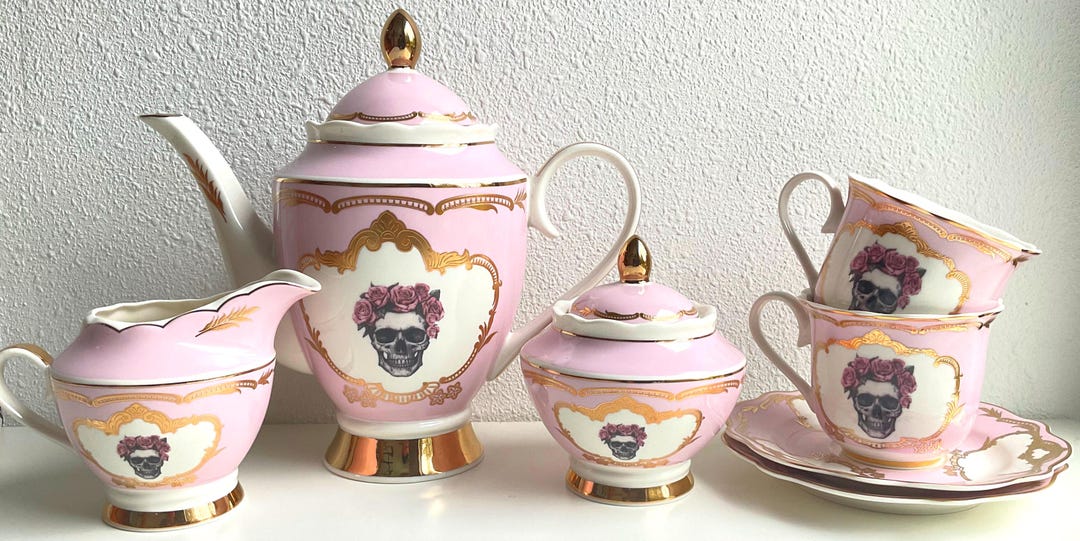 7- or 11-piece Rose Skull Tea Set, Vegan Bone China. Available in Pink ...
