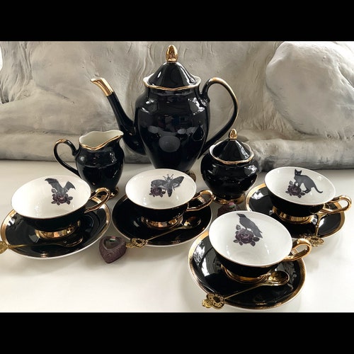 Gorgeous Black and Gold Tea Set With Black Rose Design Bat - Etsy