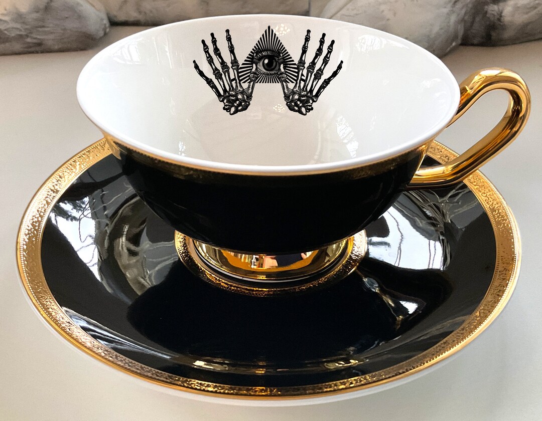 Skeleton Hand Illuminati Teacup and Saucer Set, Black and 22k Gold ...