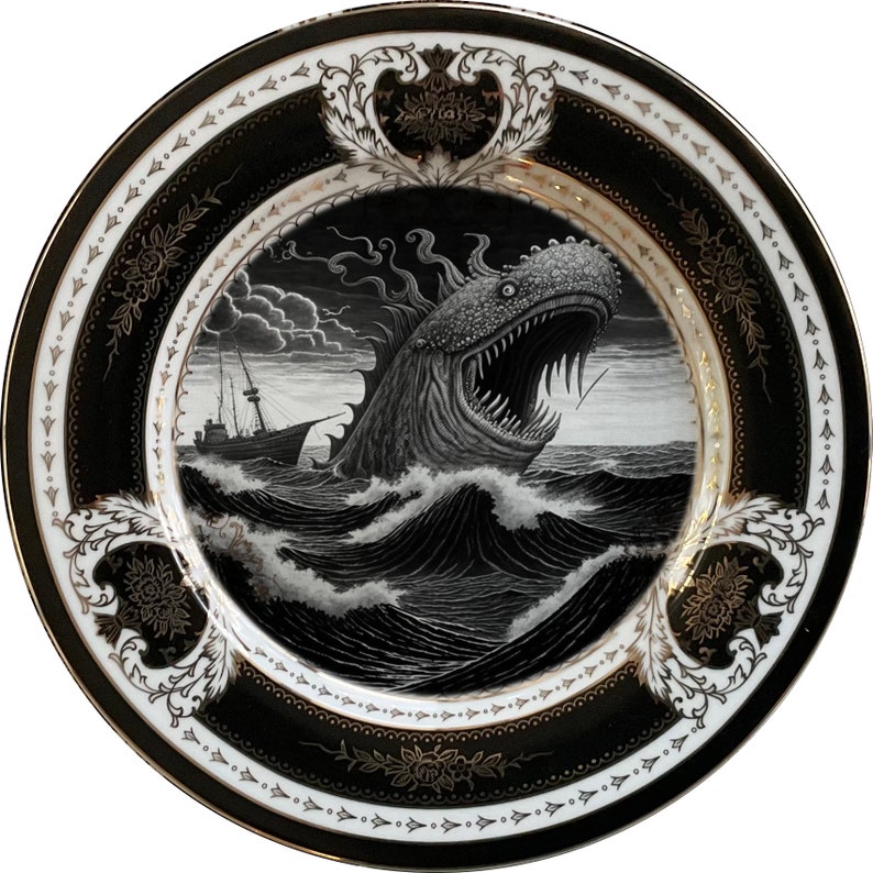 Sea Monsters Stunning Black and Gold Sea Creature Plate or - Etsy