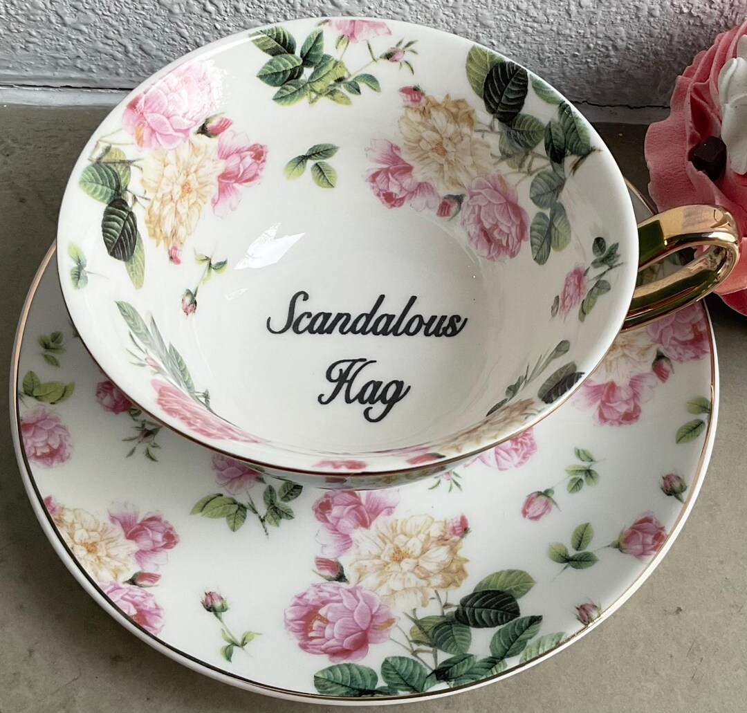 Lovely Rude Floral Dark Green Teacup and Saucer Set, 8 Oz, Porcelain ...