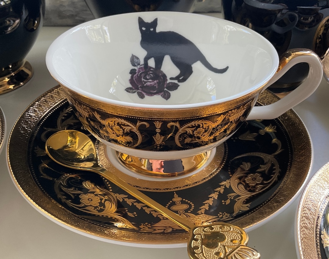 Black and Gold Porcelain Bat Cat Moth or Crow Teacup and - Etsy