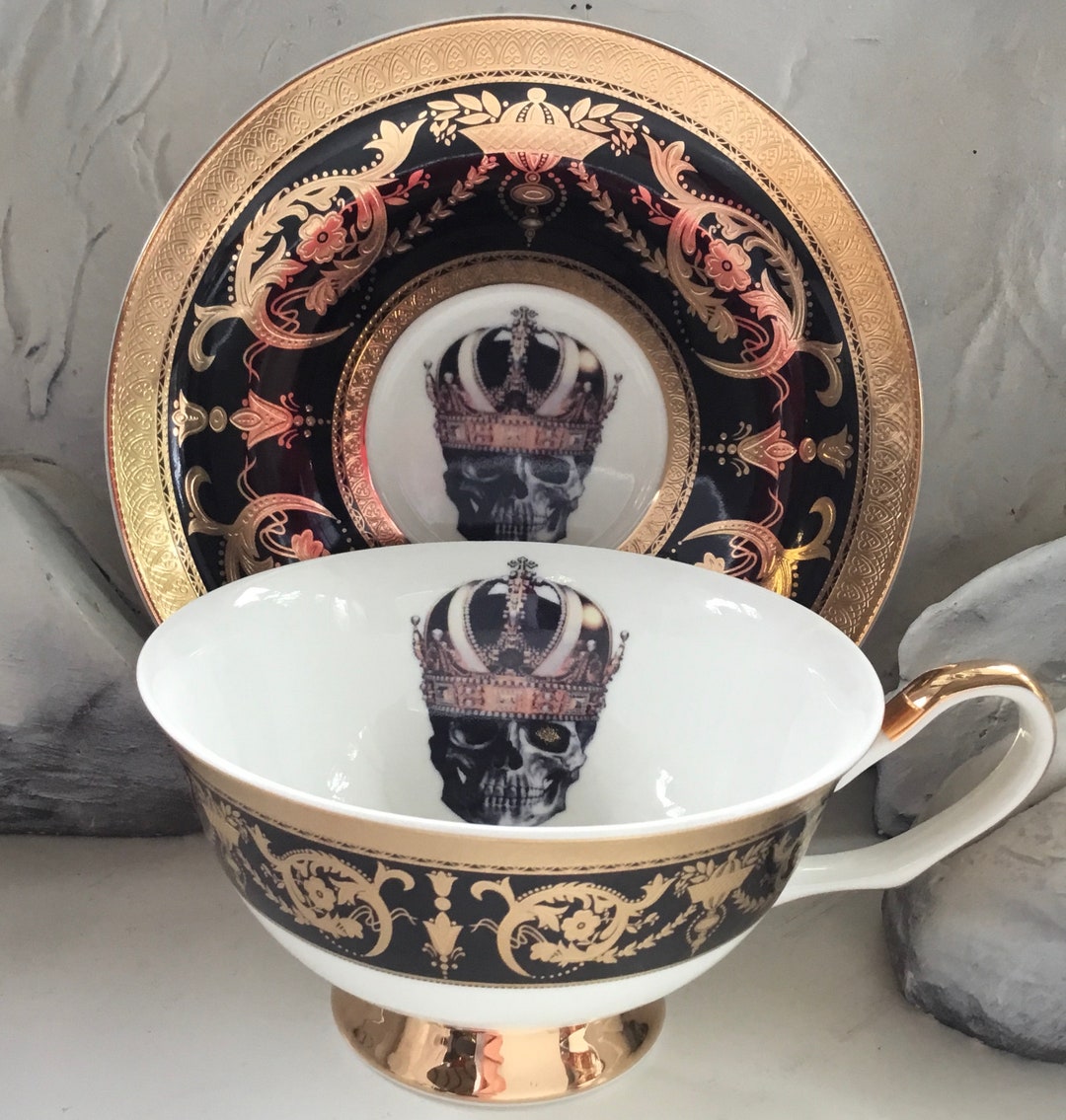 Black and Gold Skull Teacup and Saucer Set, 7 Ounces - Etsy