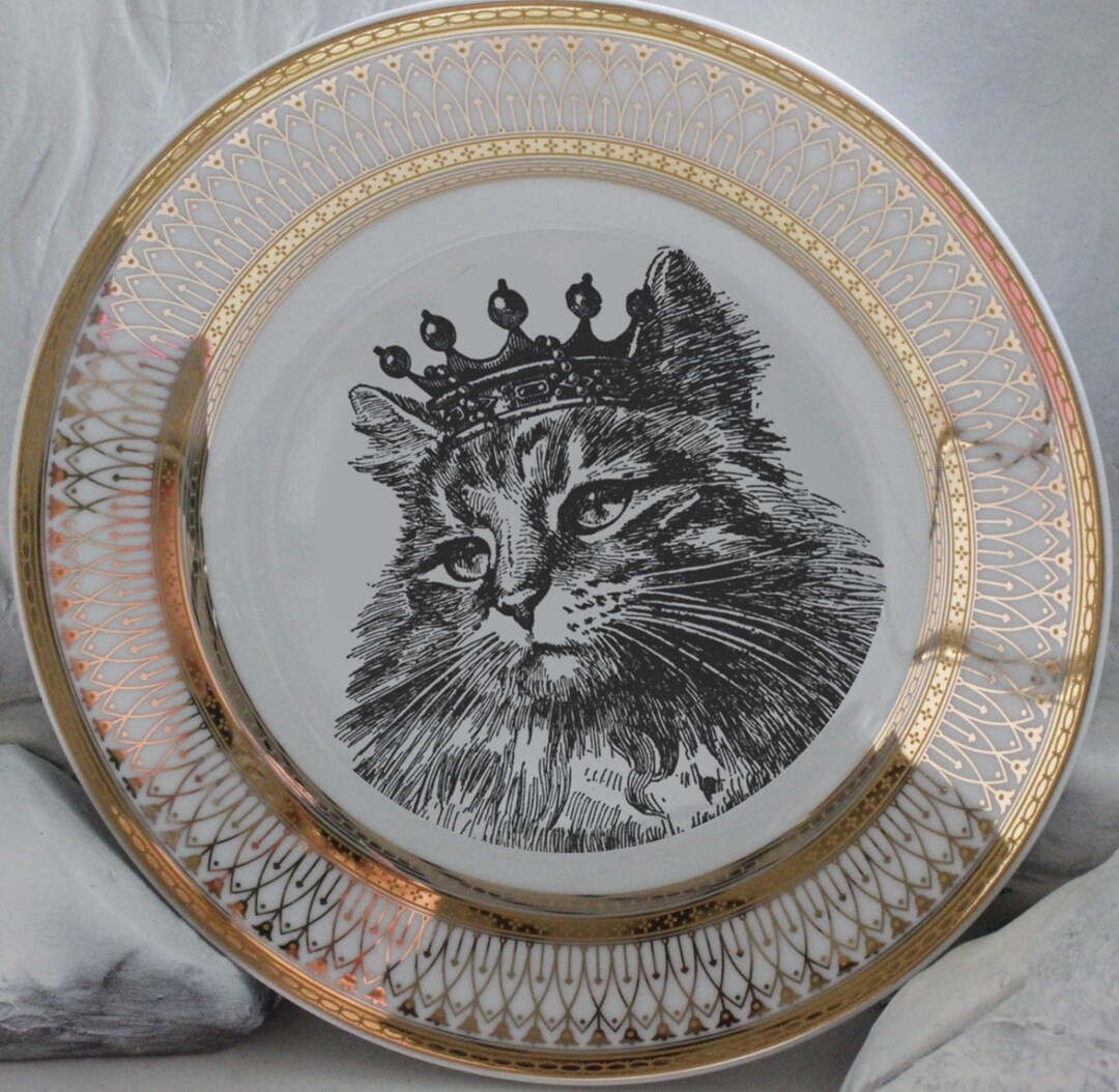 Gold or Silver Cat Plate, Cat Dinnerware Dish, Formal Tableware, Foodsafe, Cat Crown Plate ...