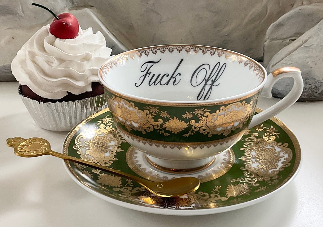 Grass Green and Gold Rude Teacup and Saucer Set, Porcelain, 8 Ounces ...