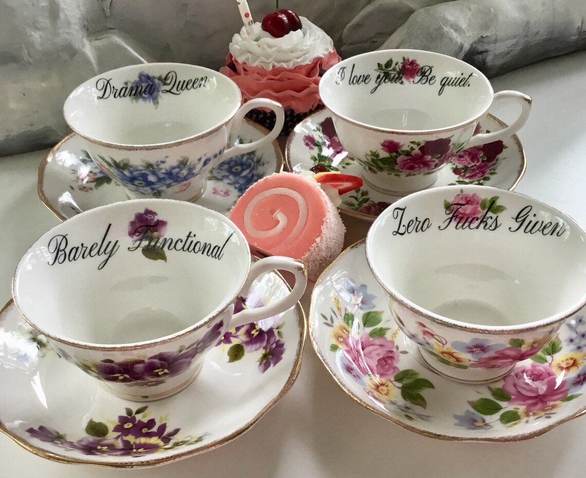 FREE SHIPPING-4 Customizable Porcelain Rude Teacup and Saucer - Etsy