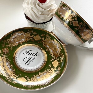 Grass Green and Gold Rude Teacup and Saucer Set, Porcelain, 8 Ounces ...