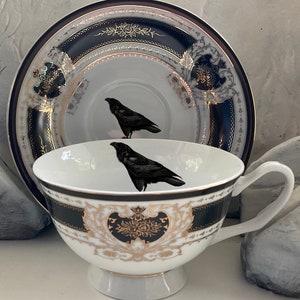 Beautiful Black Crow Teacup and Saucer Set, 8 Ounces, Food Safe and ...