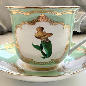 Beautiful Merman or Mermaid Teacup and Saucer Set, 8 Oz. Blue, Pink, or ...