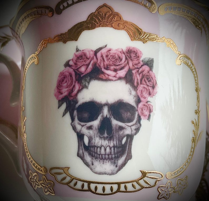 7- or 11-piece Rose Skull Tea Set, Vegan Bone China. Available in Pink ...