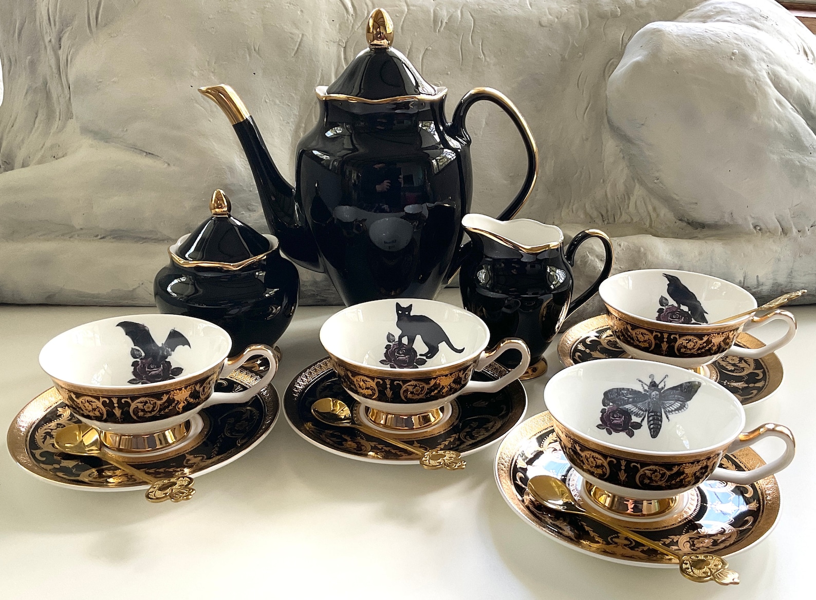 Black Gold Tea Set With Purple Rose Design. Porcelain, Food Safe ...