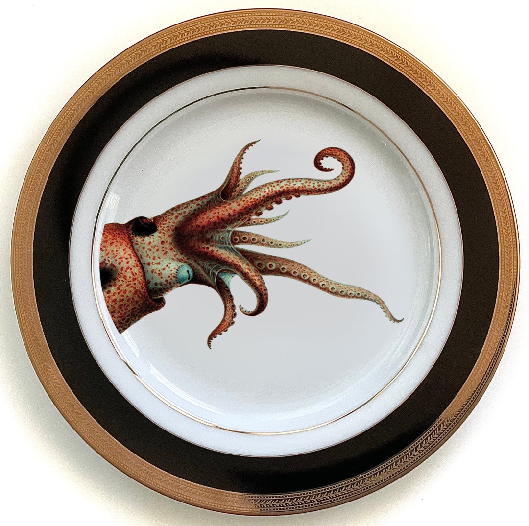 FREE SHIPPING - Black and Gold Porcelain Squid Plate or Cup/saucer Set ...