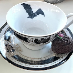 Beautiful Black Bat Teacup and Saucer Set, 8 Ounces, Food Safe and ...