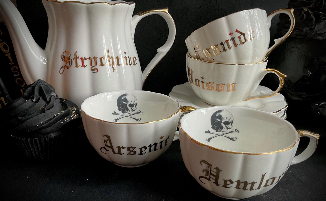 22k Gold Gothic Tea Set- Teapot, Sugar, Creamer, Four Cup and Saucer ...