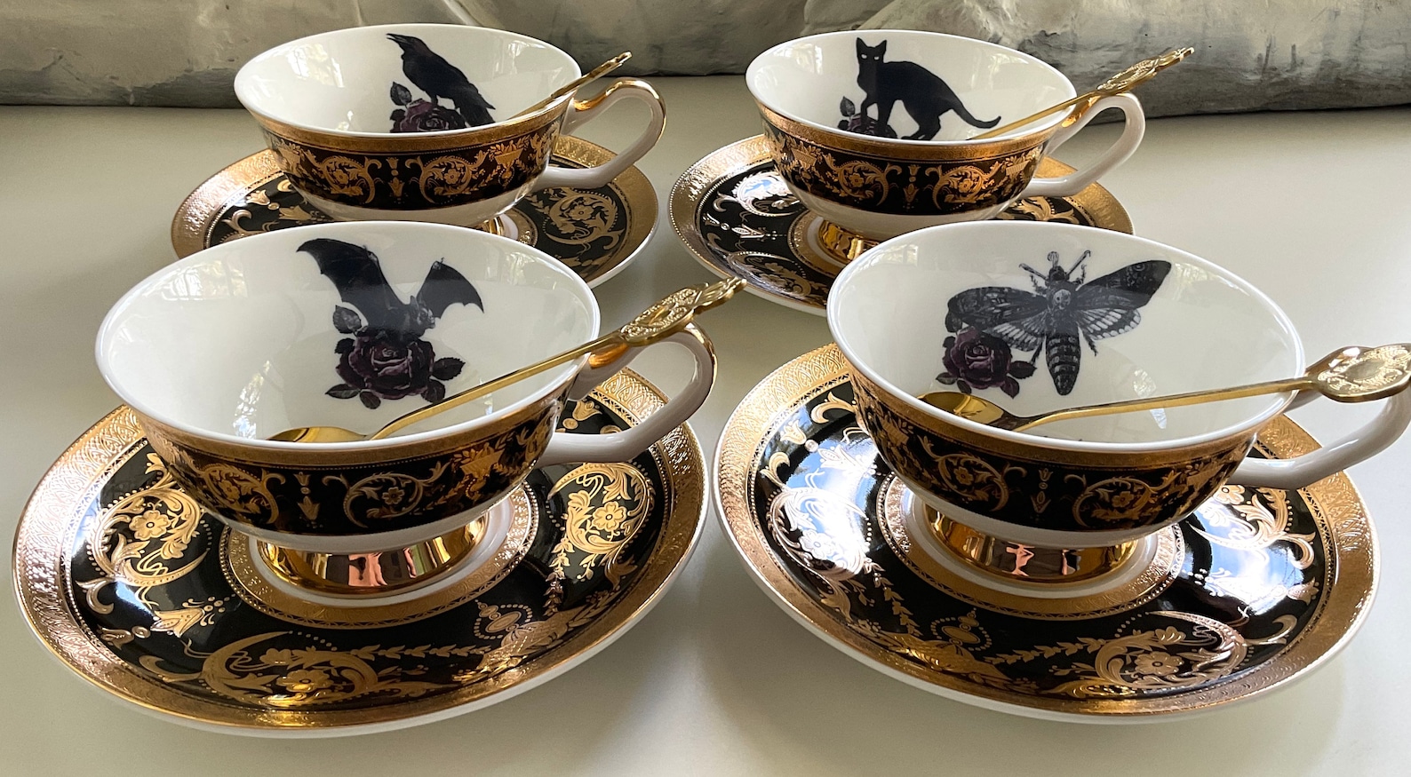 Black Gold Tea Set With Purple Rose Design. Porcelain, Food Safe ...