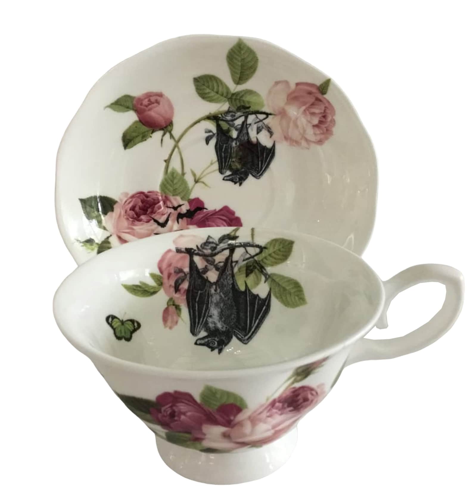 Adorable Rose / Floral Bat Teacup and Saucer Set 8 Ounces - Etsy
