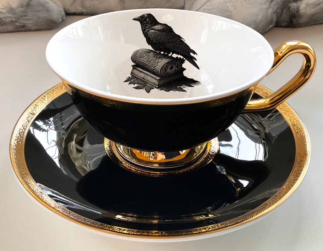 Black and Gold Porcelain Raven Teacup and Saucer Set (8 Oz), Porcelain ...