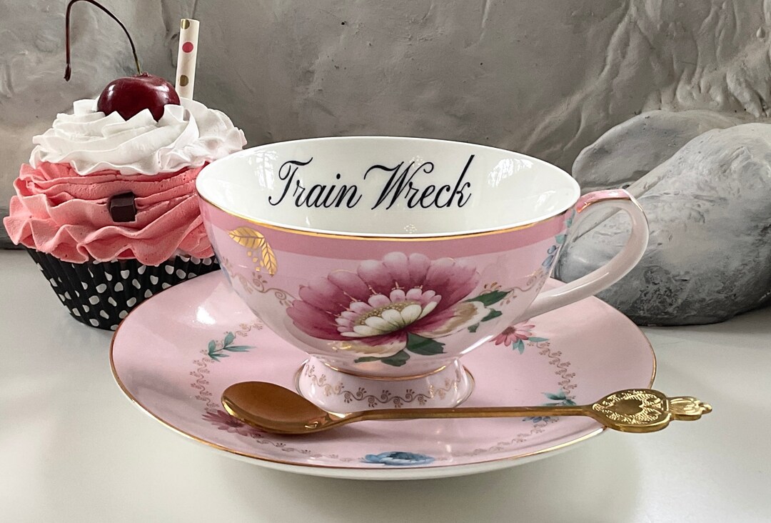 Pink Floral “train Wreck” 7 Oz Teacup and Saucer Set With Spoon ...