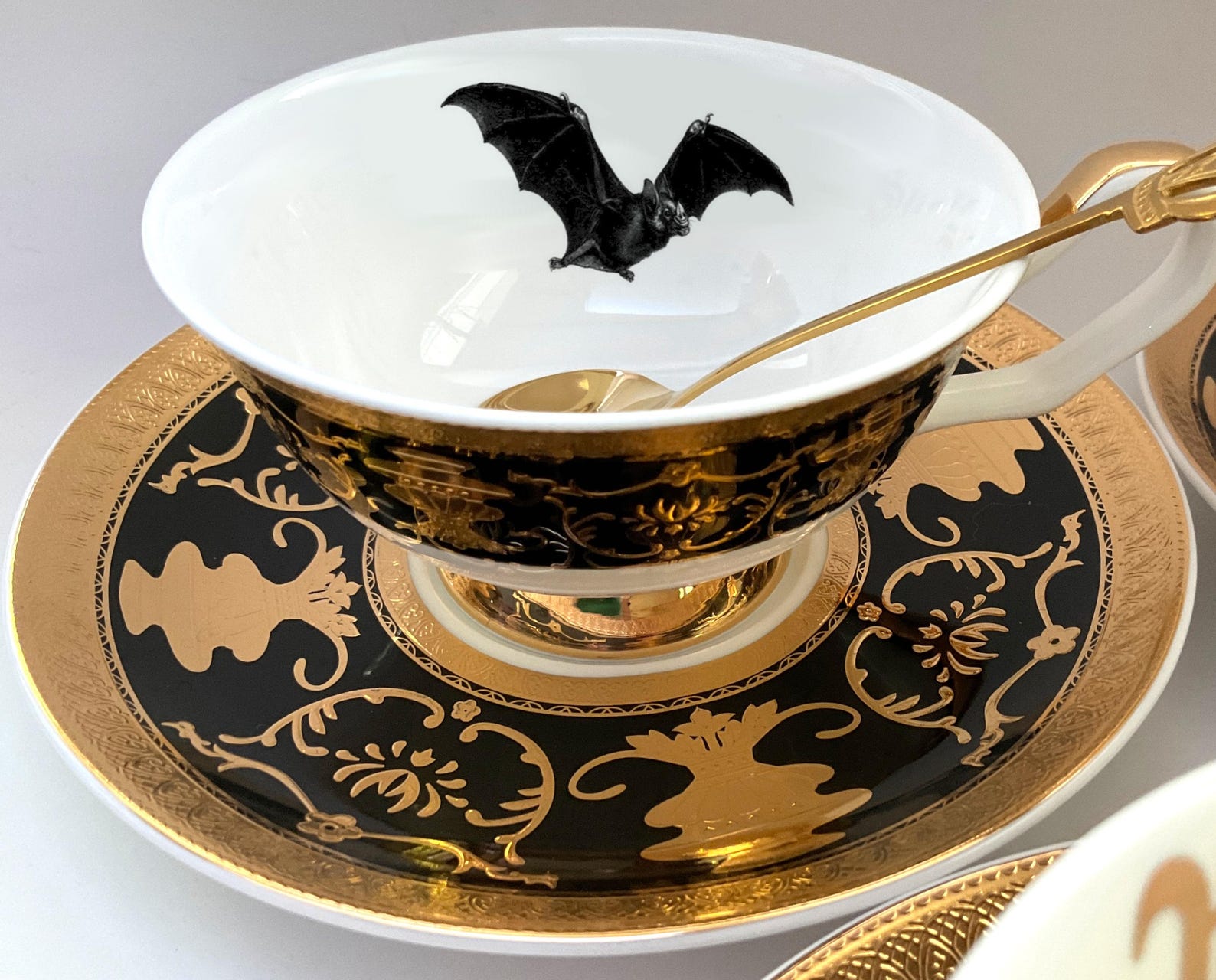 Black and Gold Bat Teacup and Saucer Set (7 Ounces). Food Safe and ...