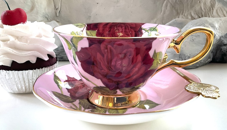 Pink Rose Floral Rude Teacup and Saucer Set With Gold Spoon 8 | Etsy