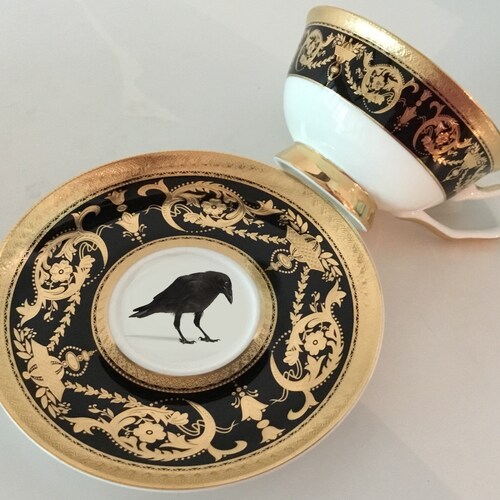 Beautiful Black Crow Teacup and Saucer Set 8 Ounces Food - Etsy
