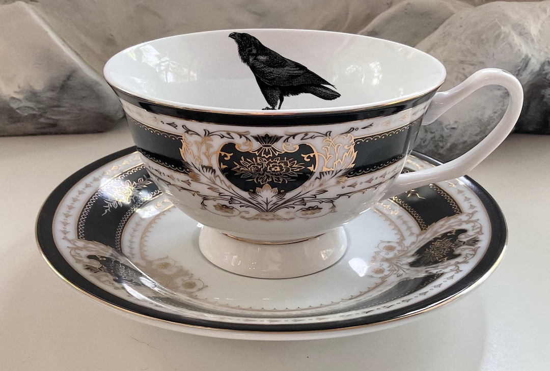 Beautiful Black Crow Teacup and Saucer Set, 8 Ounces, Food Safe and ...