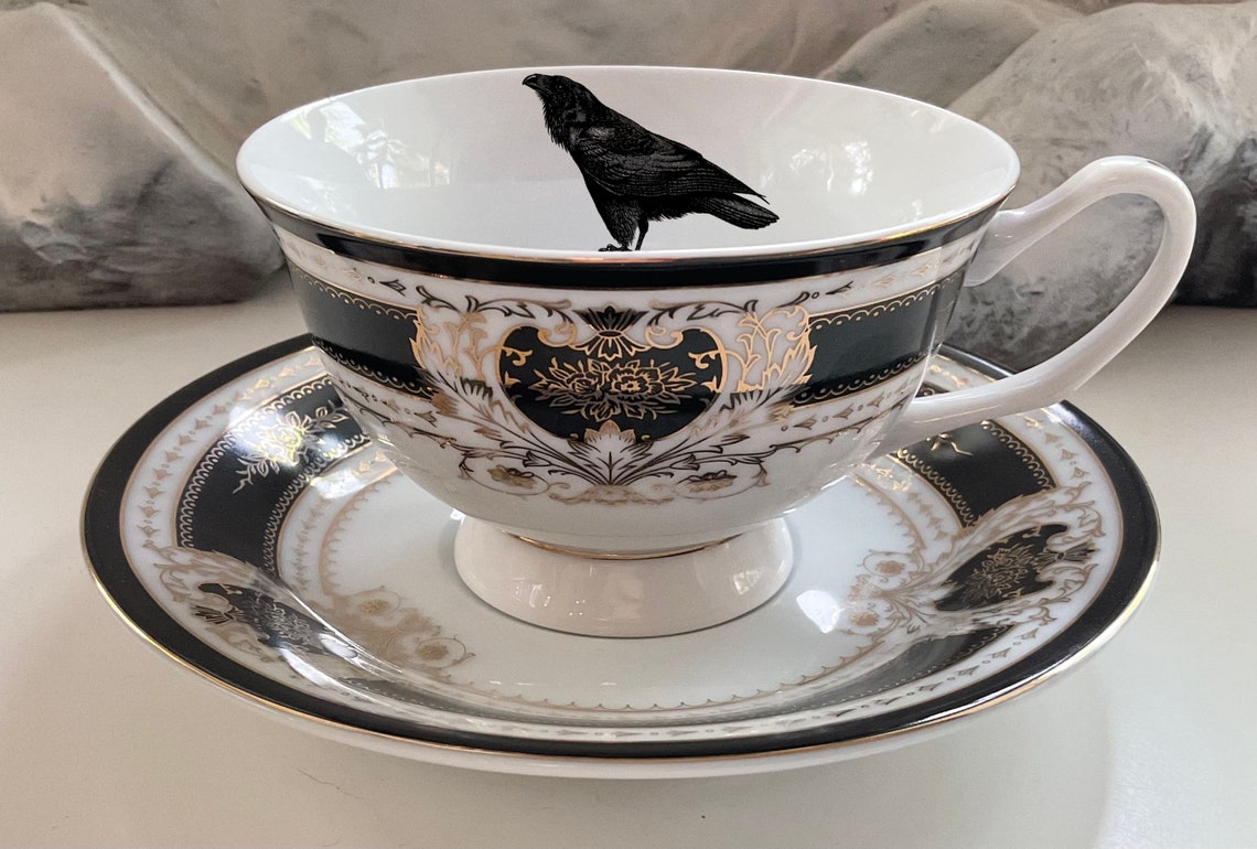 Beautiful Black Crow Teacup and Saucer Set 8 Ounces Food - Etsy