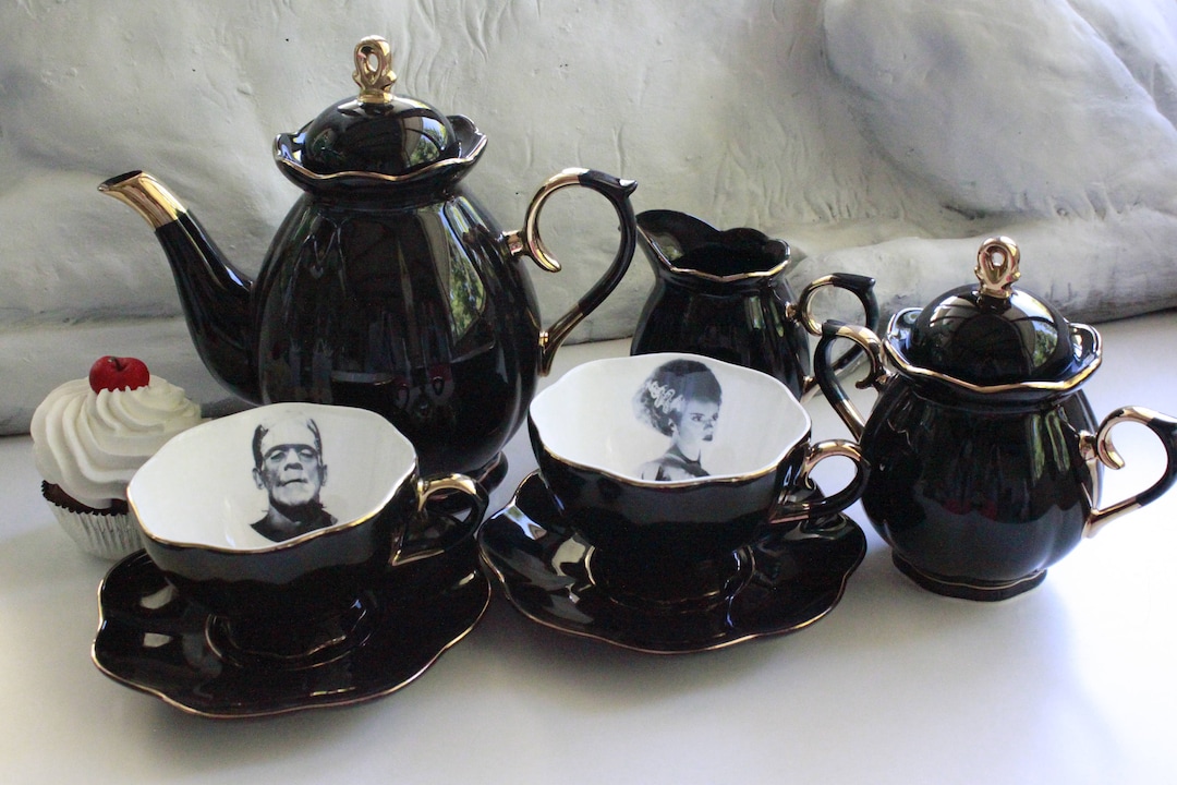 SELECTED SECONDS Black Gold Spooky Frankenstein Tea Set, Porcelain ...