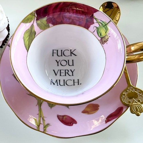 Pink Rose Floral Rude Teacup and Saucer Set With Gold Spoon 8 - Etsy